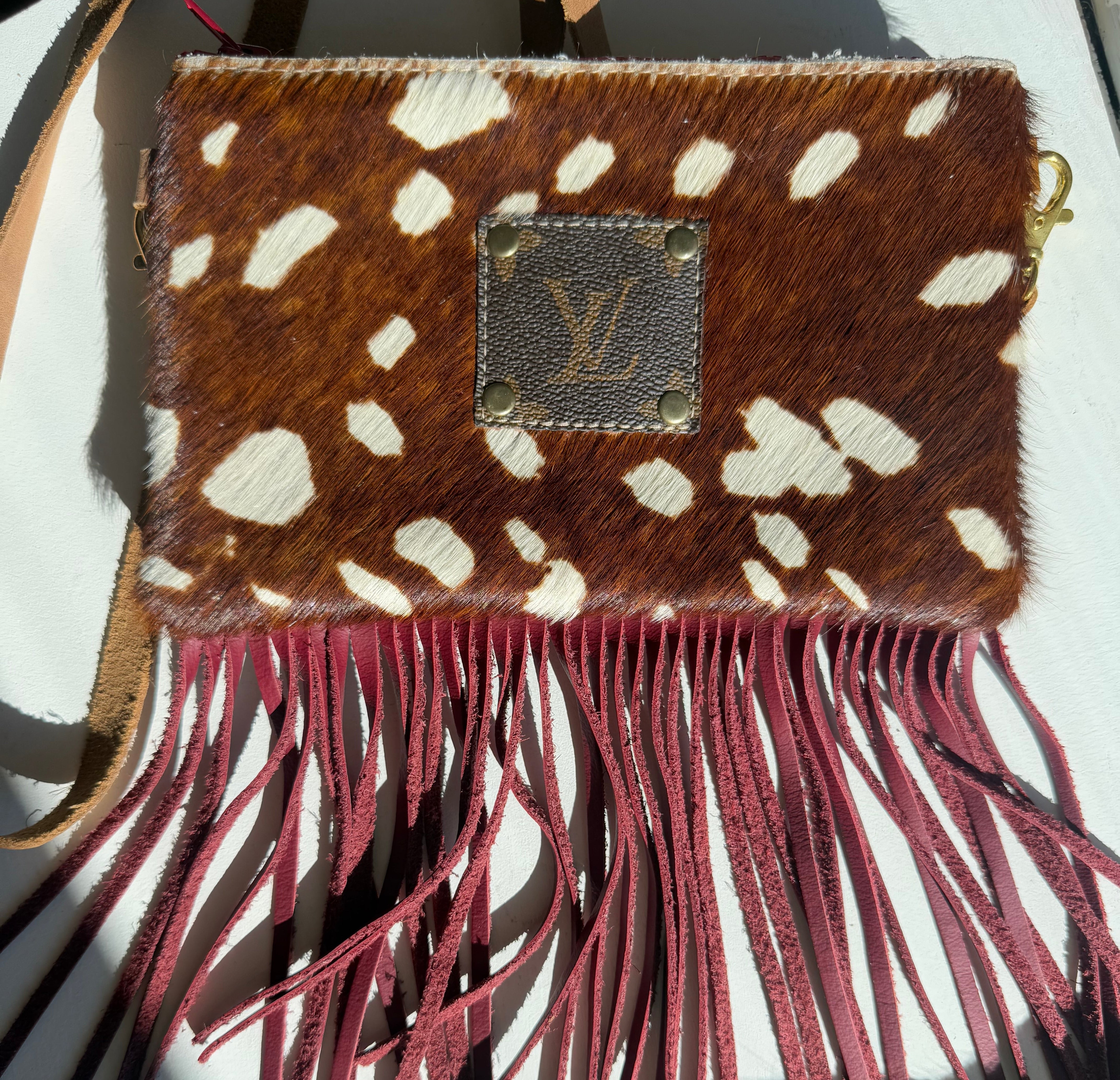 Cowhide LV Crossbody with Red Fringe – Mis Match Boutique